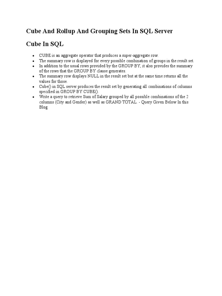 Cube and Rollup and Grouping Sets in SQL Server | PDF | Computers