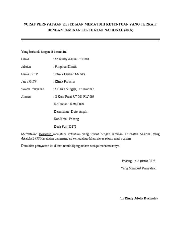 Surat Pernyataan Kesediaan Mematuhi Jkn (1) | PDF