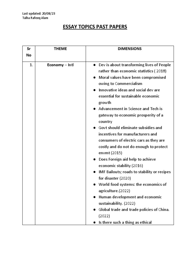 Comprehensive Essay Topics Overview | PDF | Sustainability | Economic ...