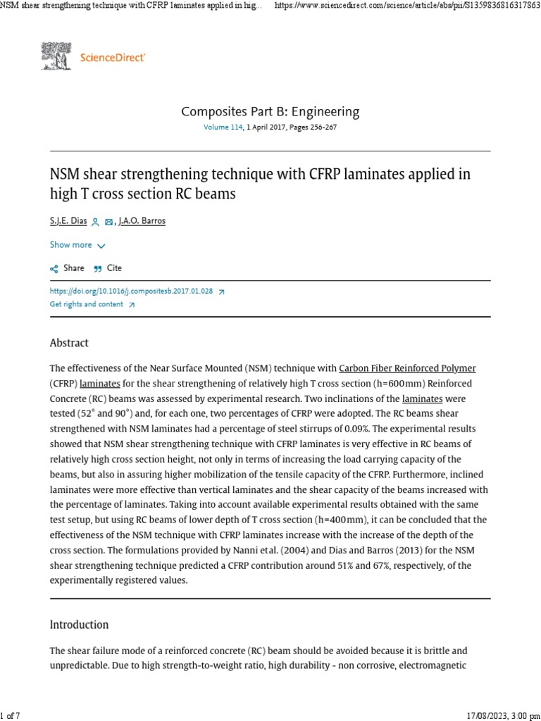 Nsm Shear Strengthening Technique With Cfrp Laminates Applied In High T Cross Section Rc Beams Pdf
