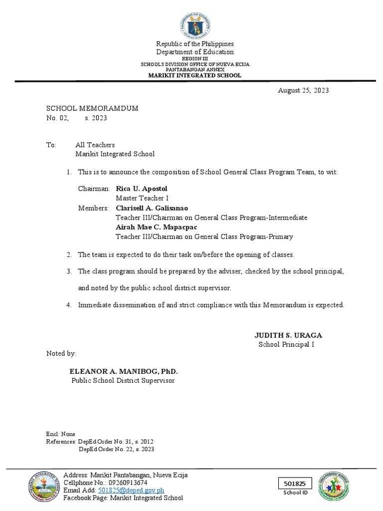 School Memo No. 05 General Class Program | PDF