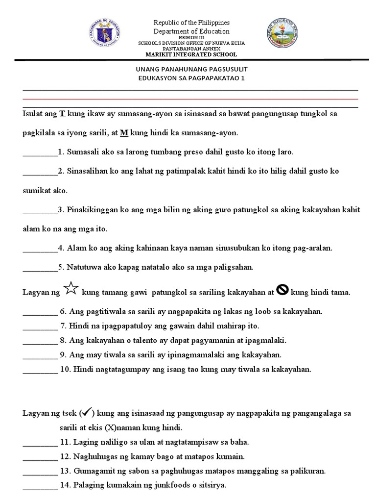 ESP 1 UNANG PANAHUNANG PAGSUSULIT With TOS | PDF