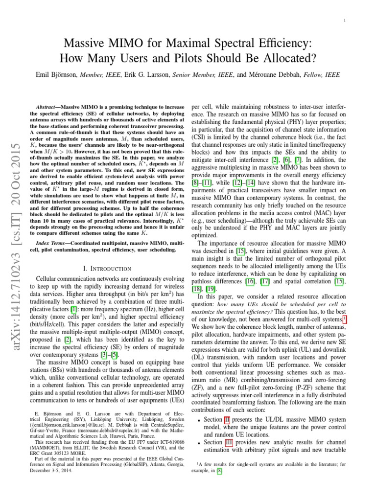 Massive Mimo For Maximal Spectral Efficiency Pdf Mimo Cellular Network