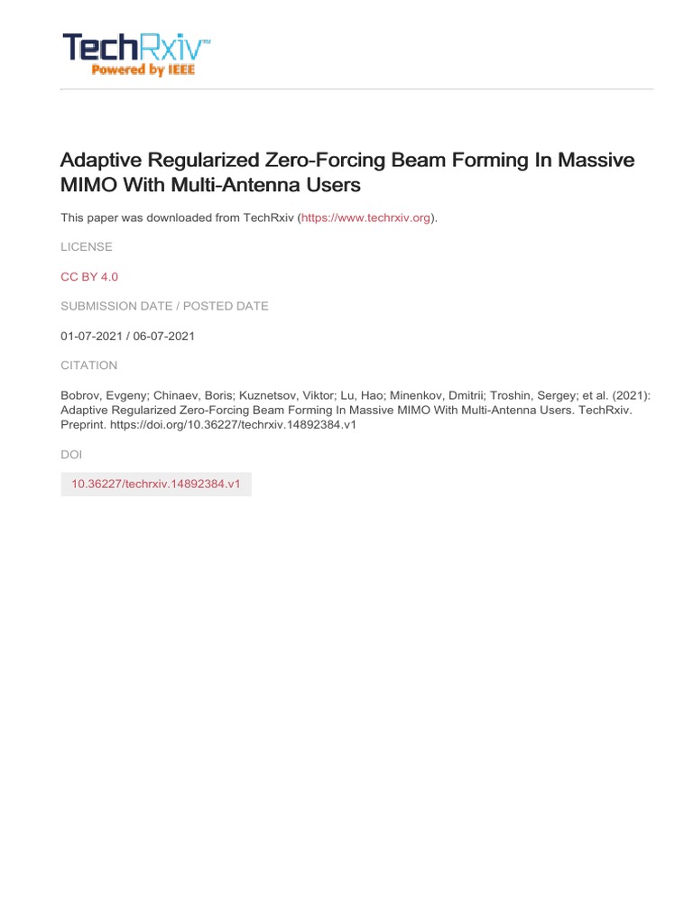 Adaptive Regularized Zero-Forcing Beamforming in M | PDF | Mimo | Mathematical Objects
