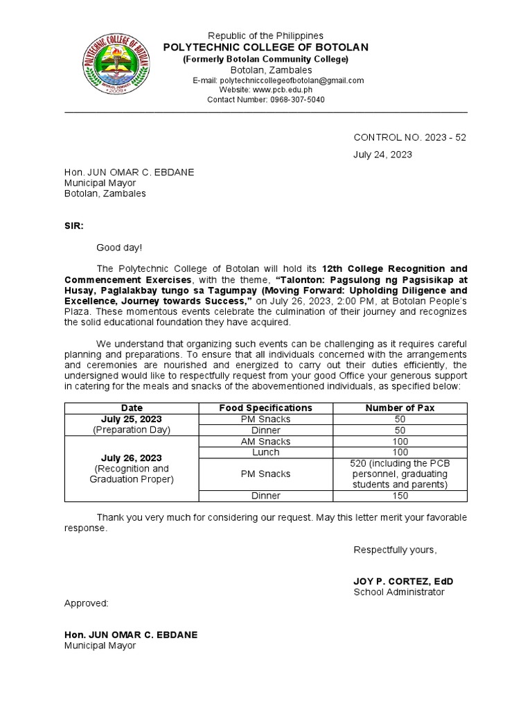 Request-Letter-for-Food-No.-52-College-Grad | PDF | Cooking | Foods