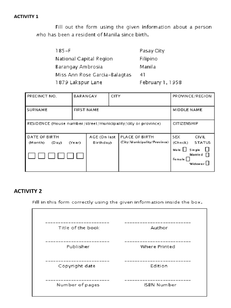 English 5 Worksheet Q1 Filling Up Forms | PDF