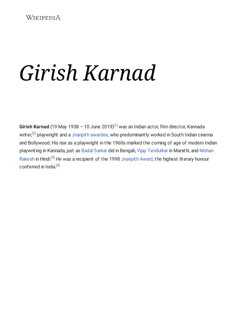 Girish Karnad - Wikipedia | PDF | Art | General Fiction