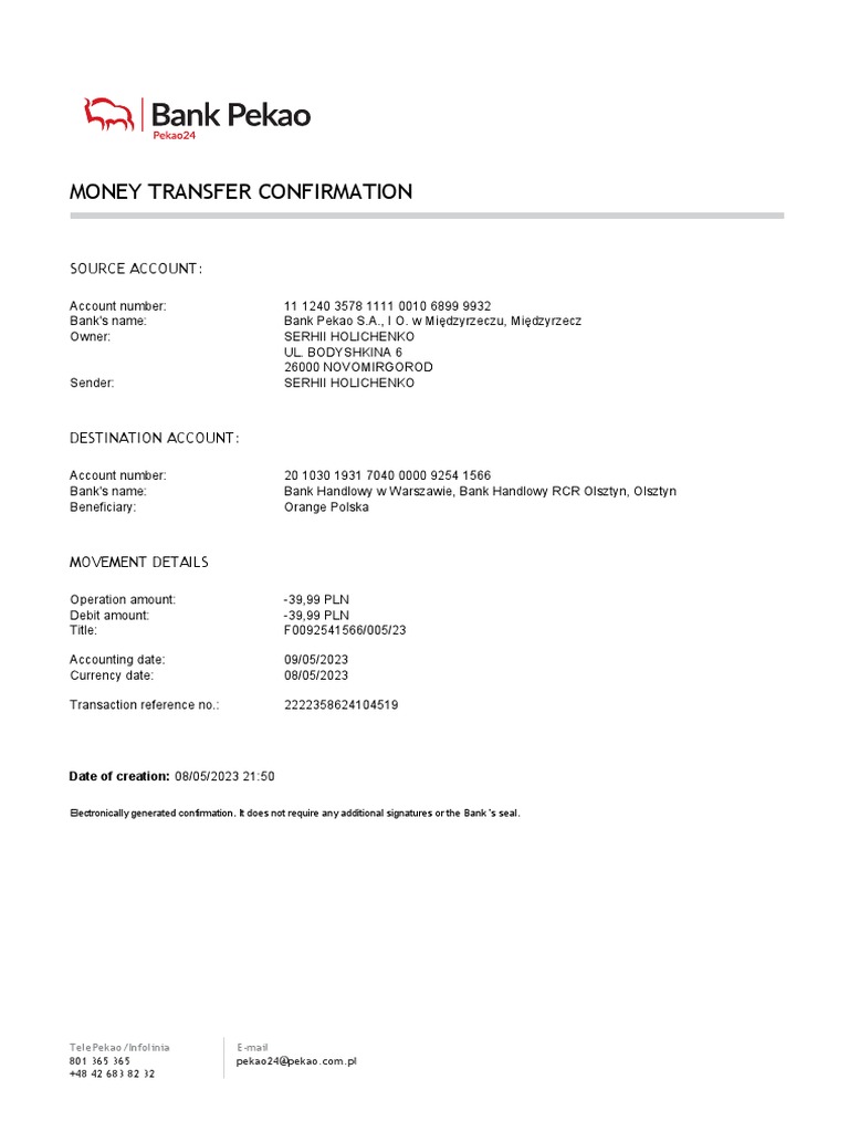 Money Transfer Confirmation Receipt | PDF