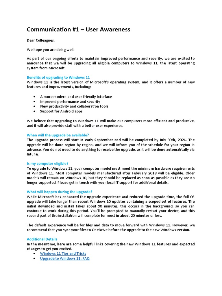 Windows 11 Upgrade - User Communication | PDF | Microsoft Windows ...