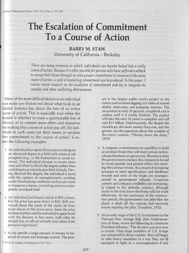 The Escalation of Commitment To A Course of Action | PDF | Rationality | Decision Making