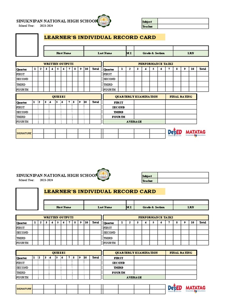 Learners Individual Record Card Excel | PDF | Learning | Cognitive Science