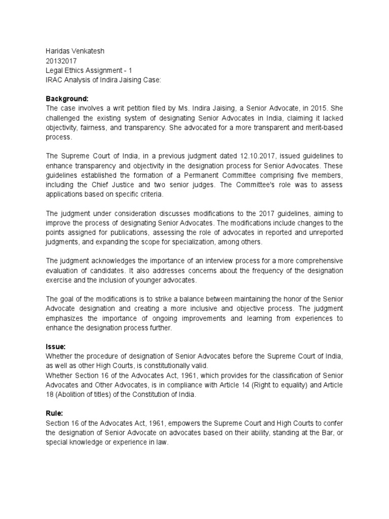 IRAC Analysis of Indira Jaising Case | PDF | Advocate | Supreme Court ...