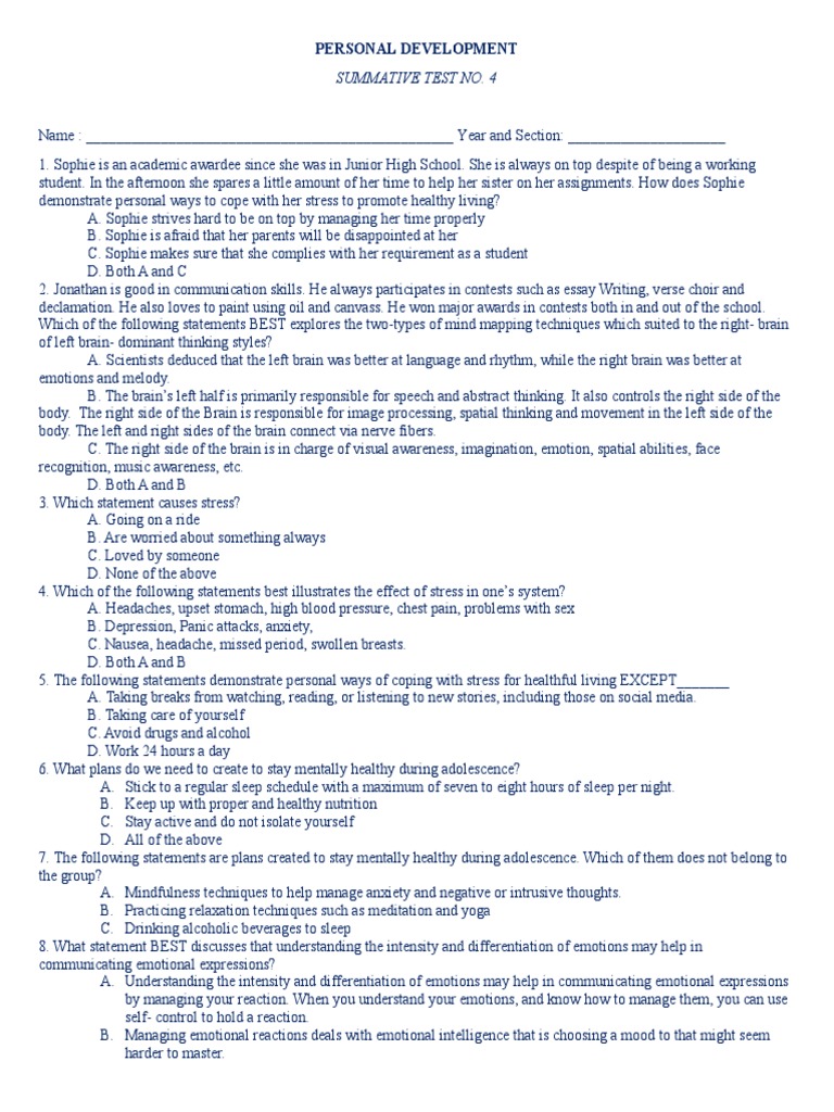 PERSONAL DEVELOPMENT Summative Test No. 4 | PDF | Emotions | Mental Health