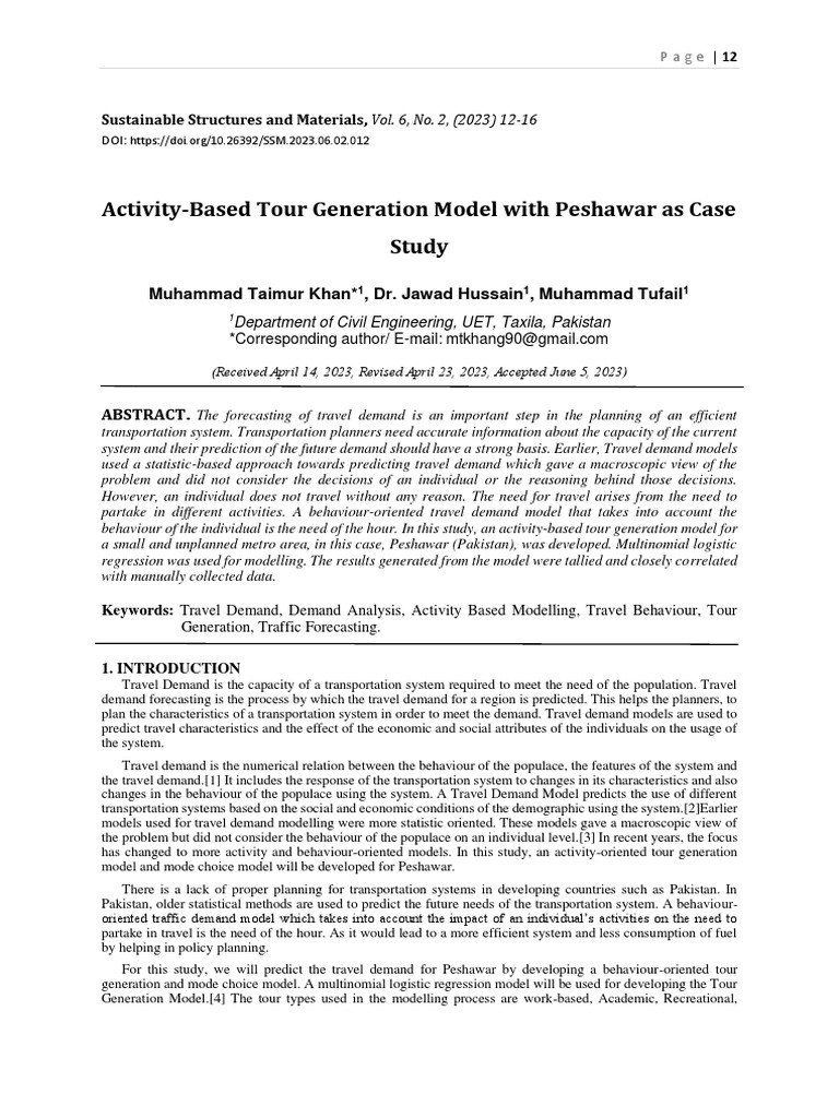 Activity-Based Tour Model for Peshawar | PDF | Transport | Economies
