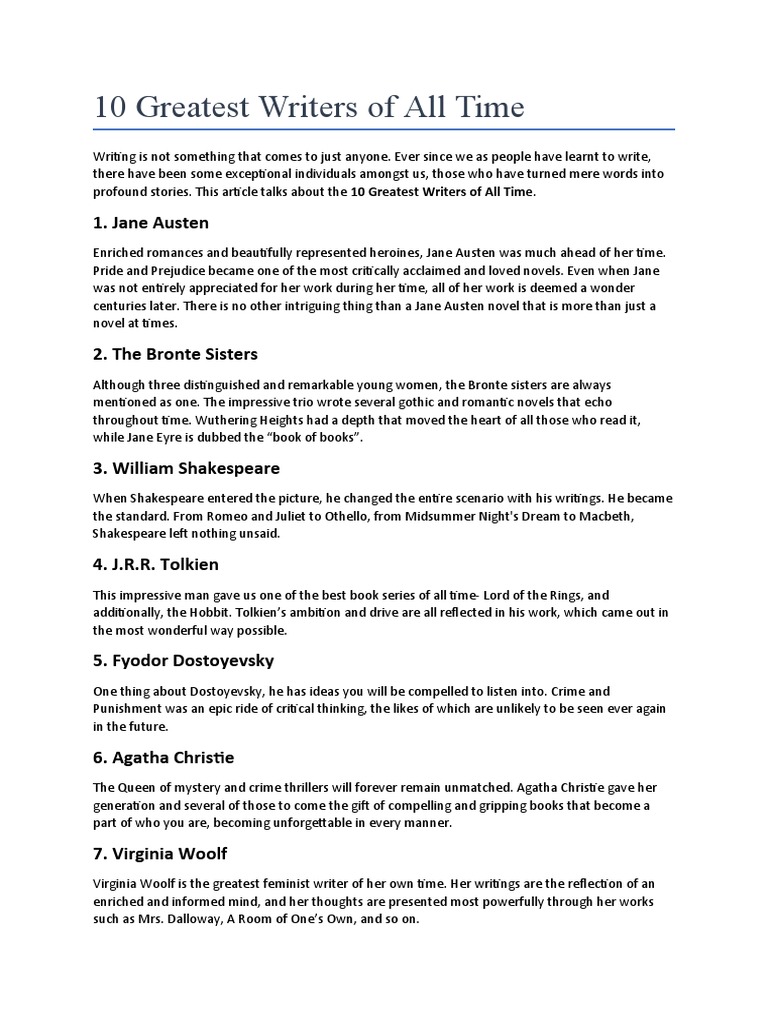 10 Greatest Writers of All Time - Mansi Tomar | PDF | Novels | William ...