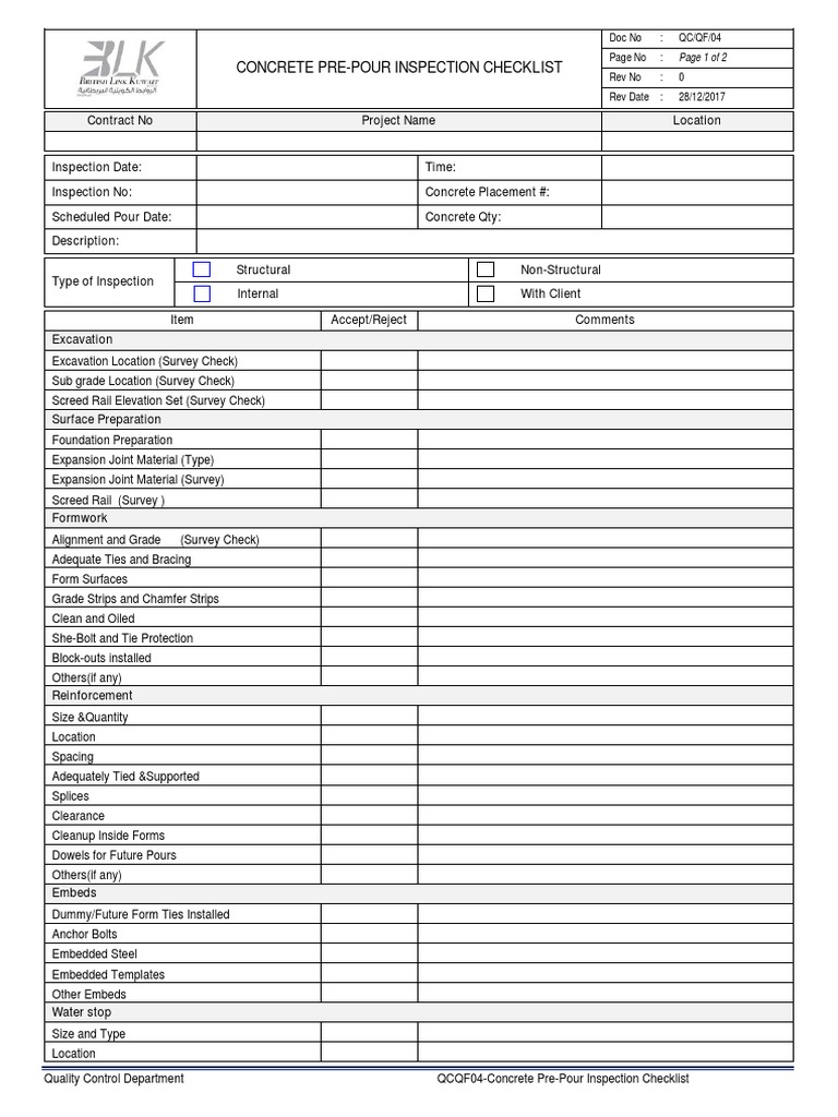 Concrete Pre-Pour Inspection Checklist | PDF | Pipe (Fluid Conveyance ...