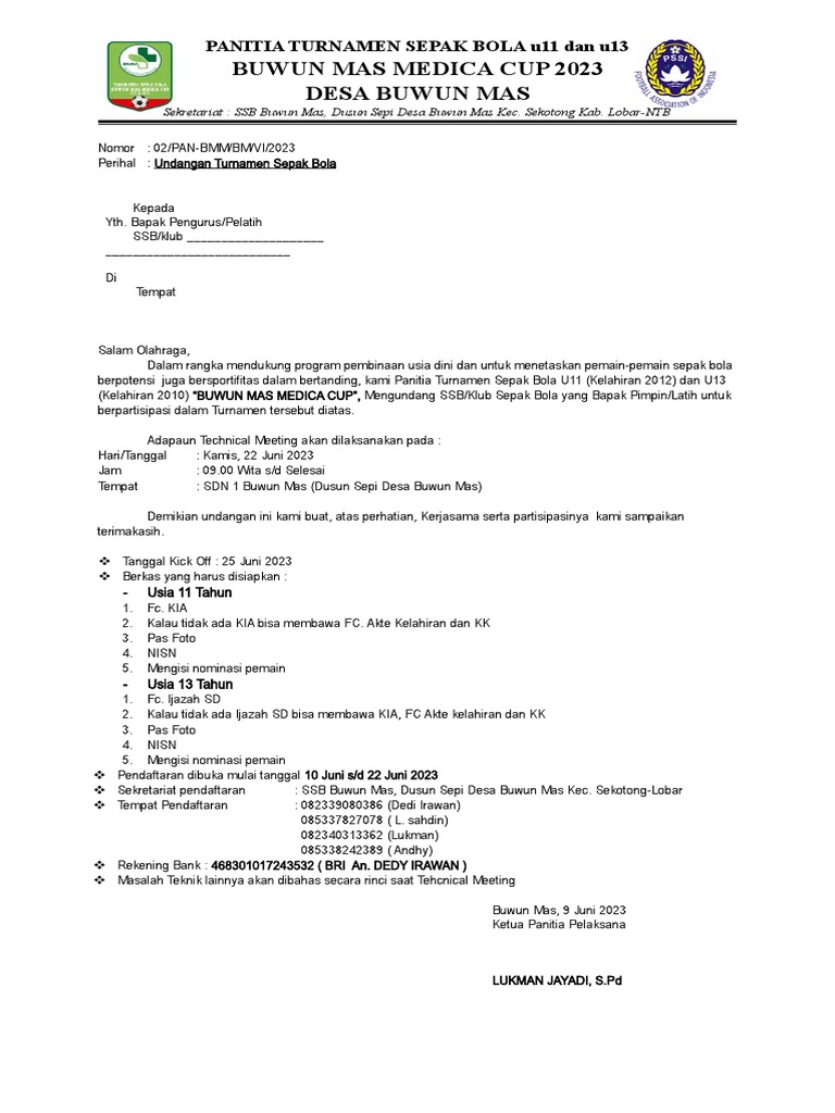 UNDANGAN TURNAMEN SEPAK BOLA U11 Dan U13 | PDF