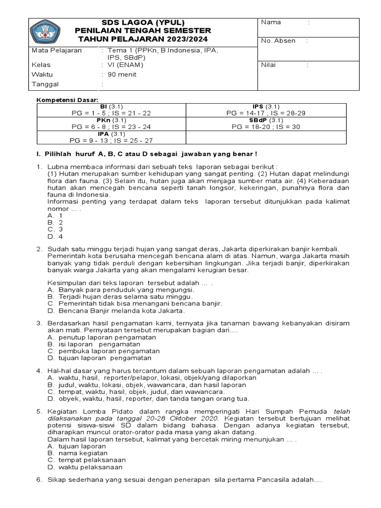 Soal & Jawaban PTS KLS 6 T 1 | PDF