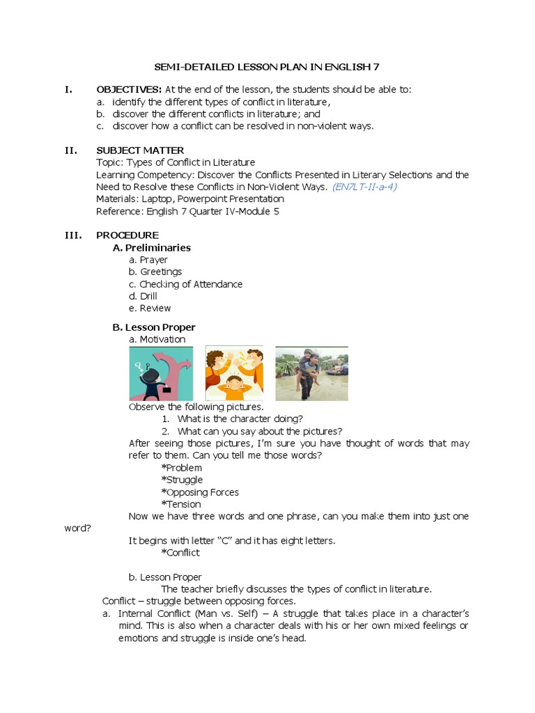 SEMI DETAILED LP On CONFLICTS ENG7 | PDF | Lesson Plan