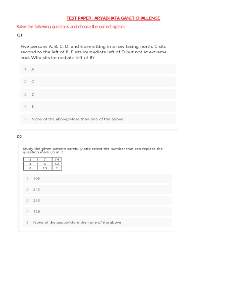 Test Paper Aryabhata Ganit Challenge | PDF
