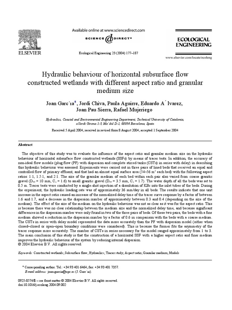 Hydraulic Behaviour 2004 Performance Of Experimental Horizontal