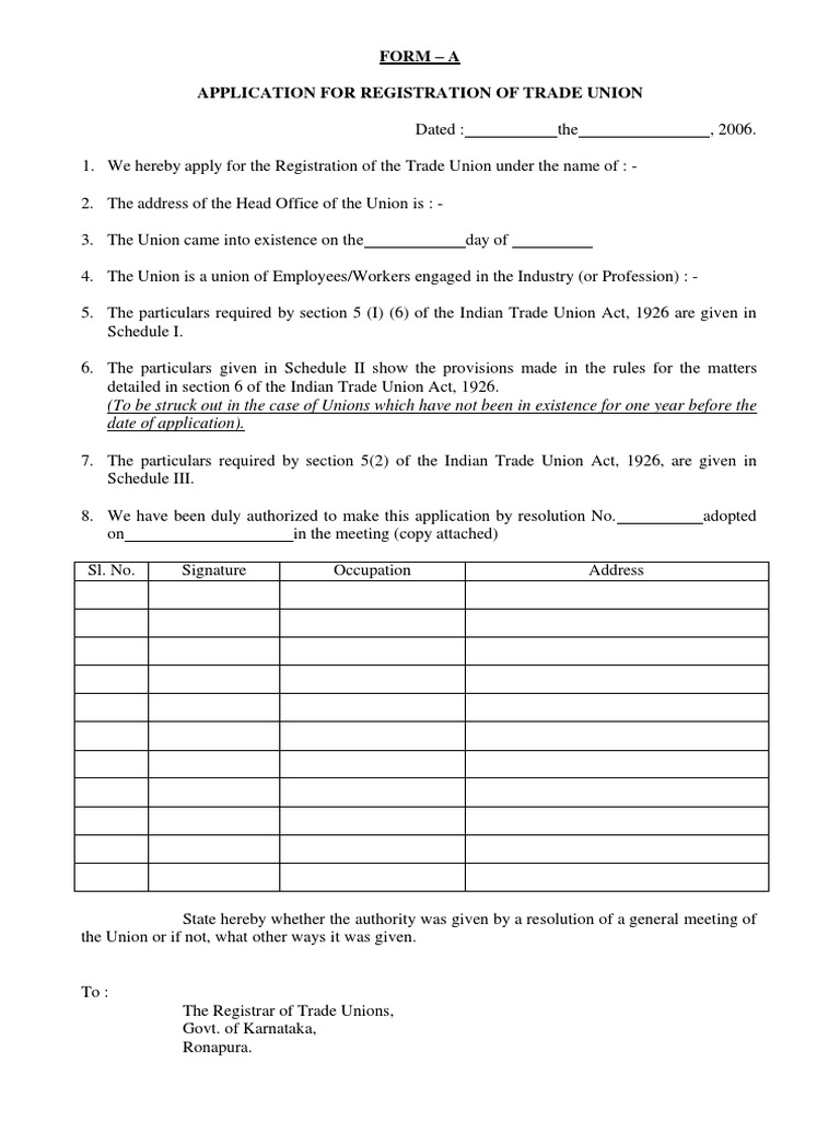 Appl - Form - Regd - of Trade Unions 2006 | PDF