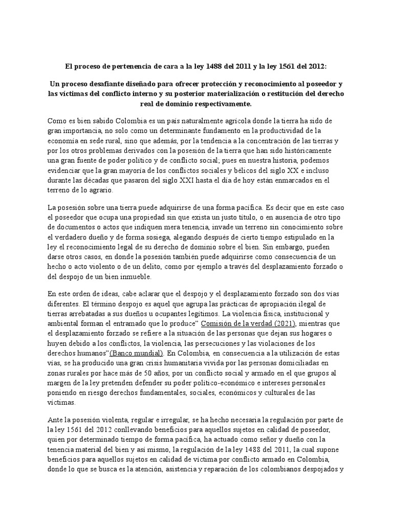 Proceso de Pertenencia en Colombia: Leyes 1488 y 1561 | PDF | Sentencia (ley) | Demanda judicial