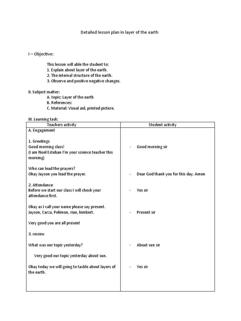 Detailed Lesson Plan in Layer of The Earth Noel Esteban | PDF ...