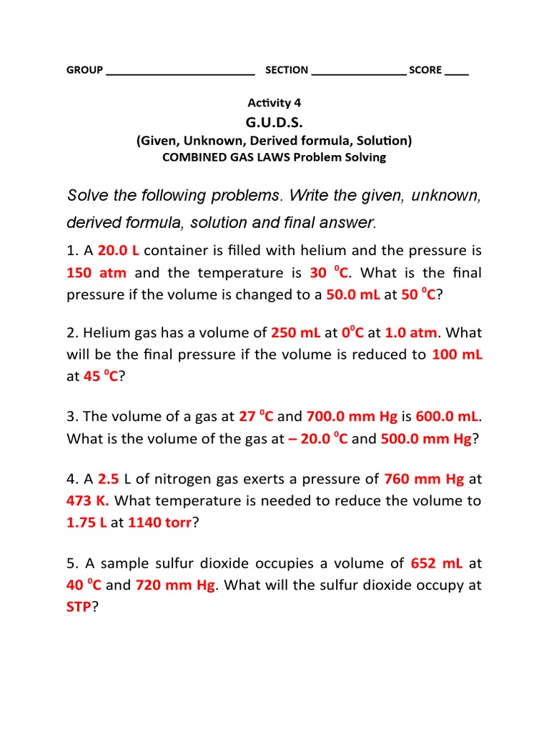 Activity 8c - G.U.D.S. Combined Gas Law Problem Solving | PDF