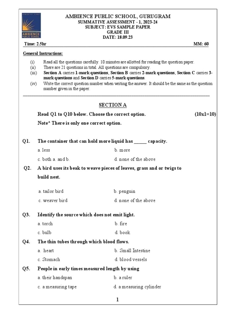 SA1 EVS Sample Paper | PDF | Birds
