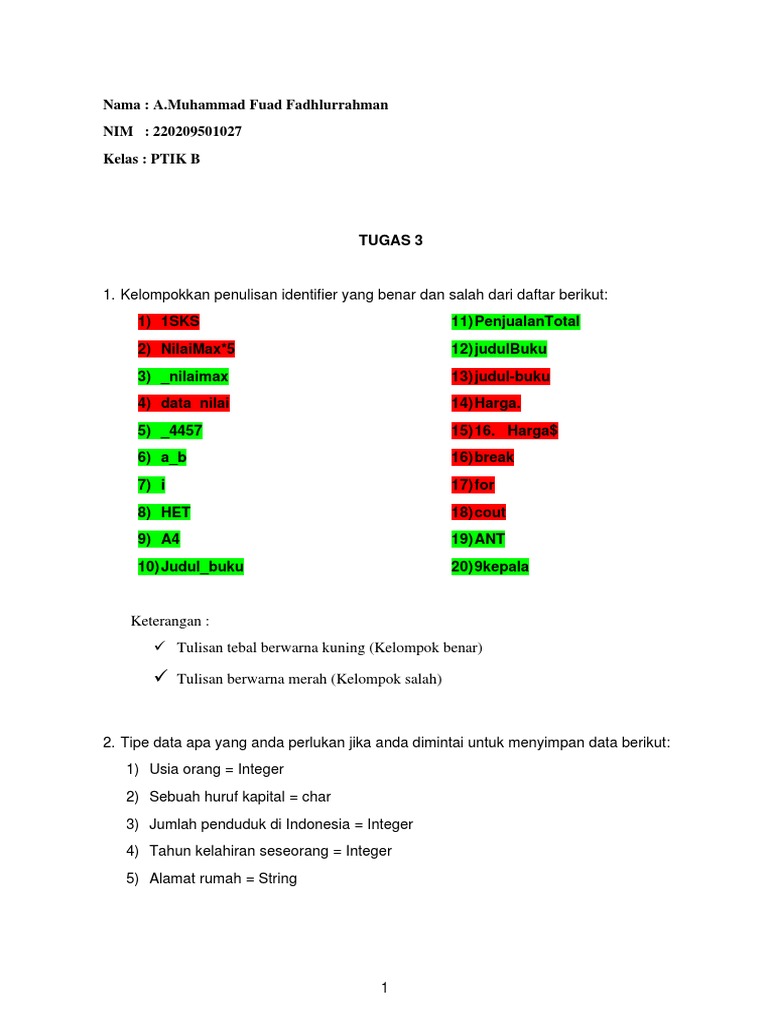 Tugas 3 Algortitma Dan Pemograman Dasar - A.Muhammad Fuad Fadhlurrahman - 220209501027 | PDF