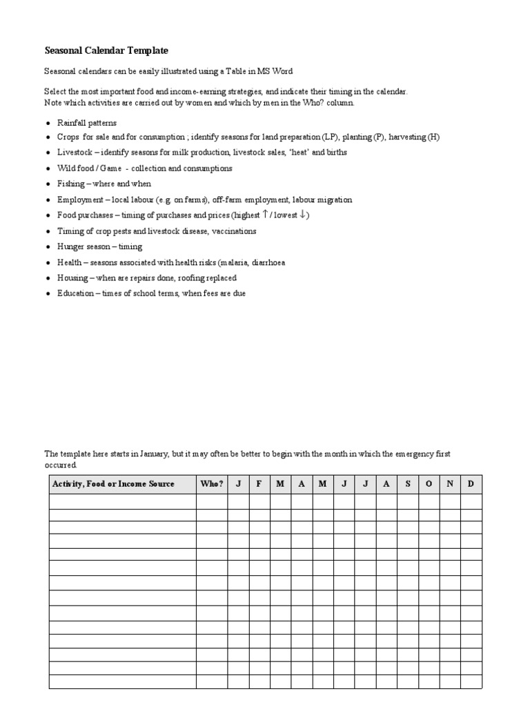 Seasonal Calendar Template for Agriculture | PDF | Career & Growth ...