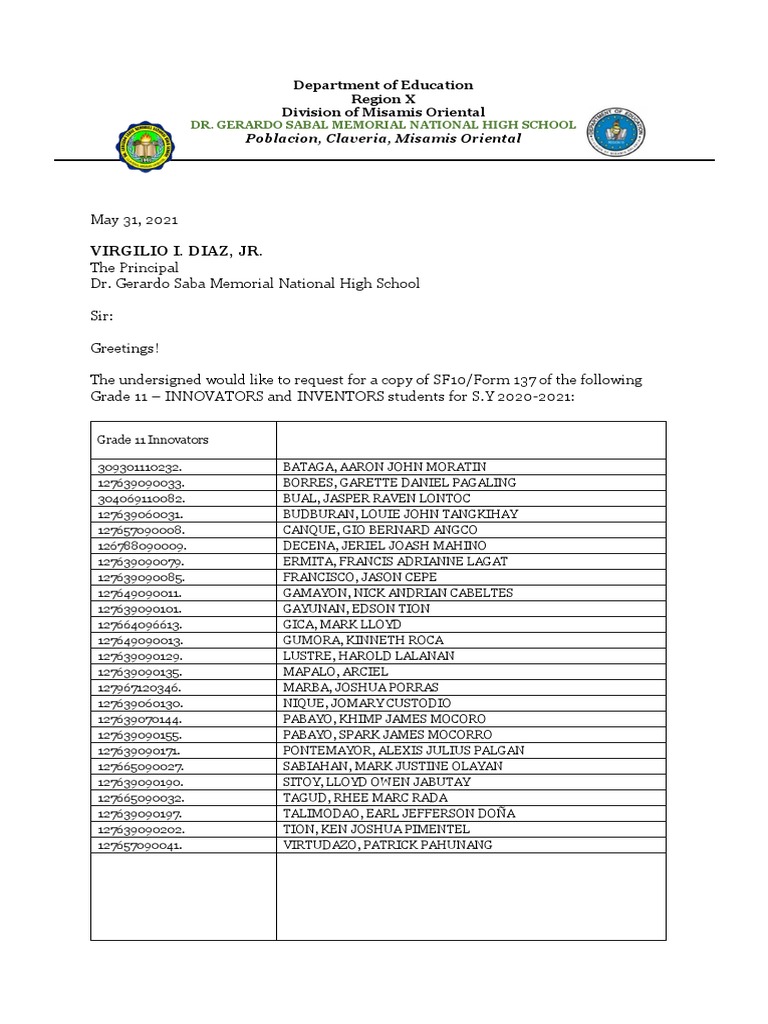 Request For Form 137 SF10 From The Principal's Office | PDF