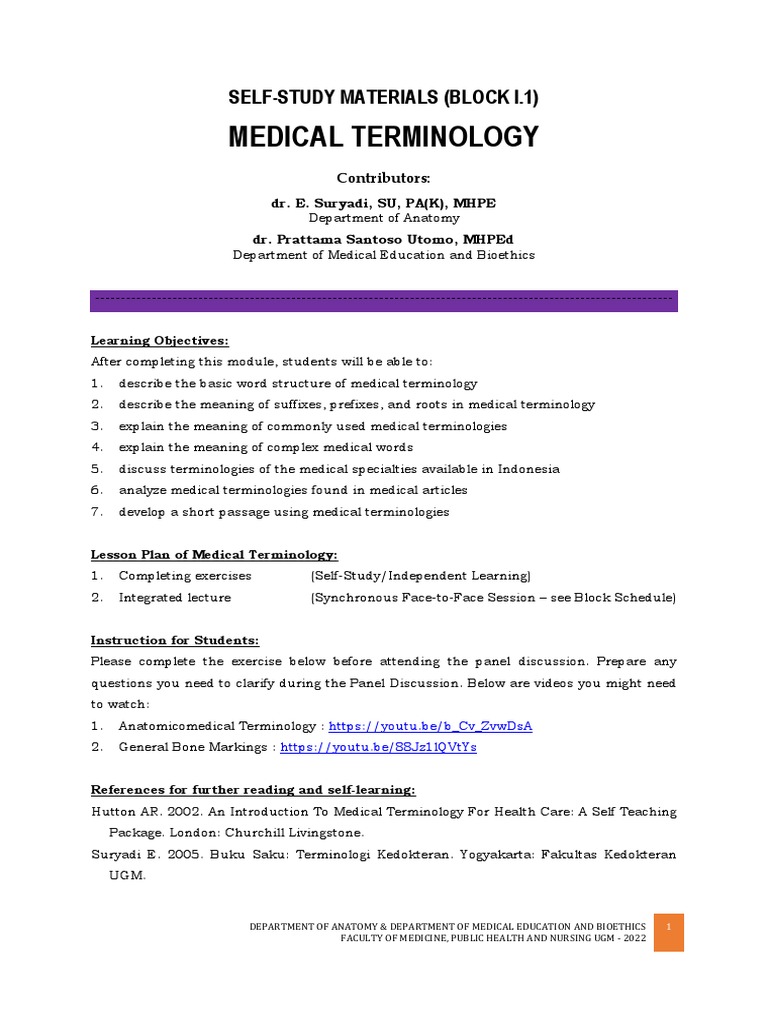 Self Study Handout Medical Terminology 2022 Download Free Pdf