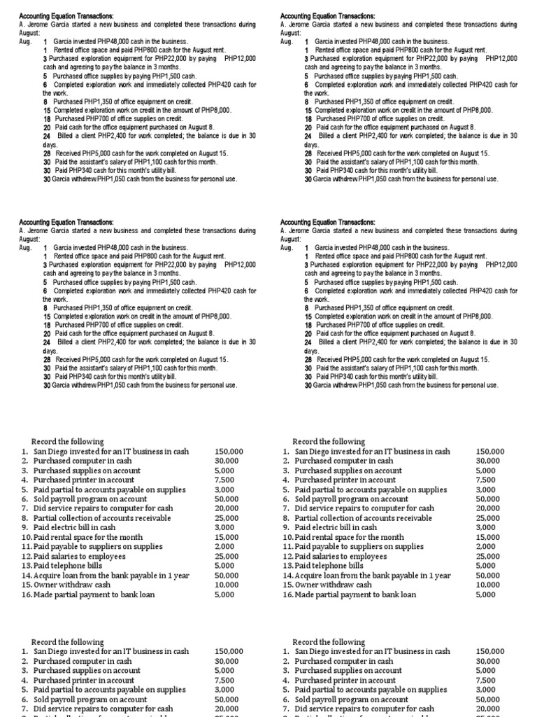 Accounting Equation Transactions | PDF | Cash | Accounts Payable