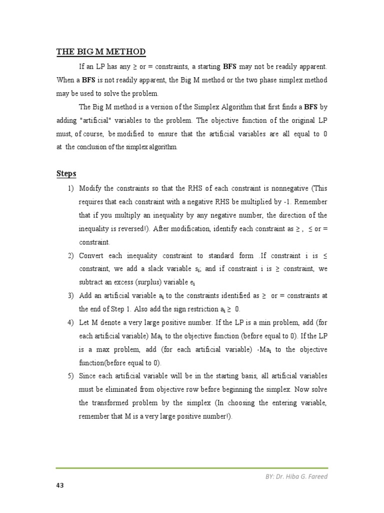 The Big M Method: Conclusion of The Simplex Algorithm | PDF | Applied Mathematics | Mathematical ...