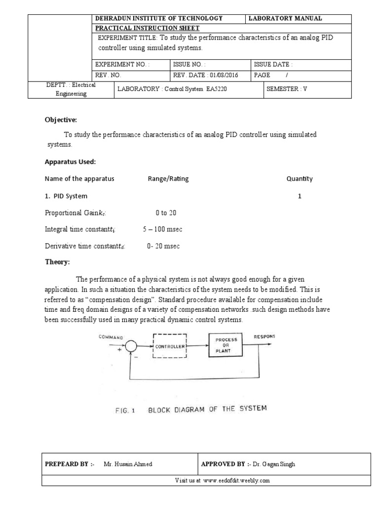 Lab Manual Control Lab To Study The Performance Characteristics of An Analog Pid Controller ...