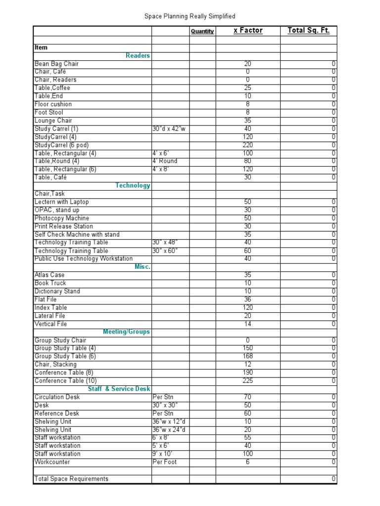 Simple Space Planning Spreadsheet | PDF