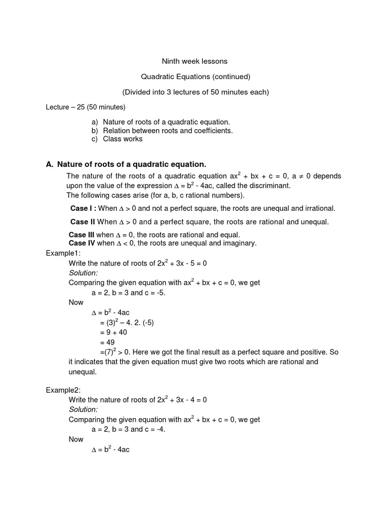 Week 9 - Quadratic Equation - Contd. | PDF | Quadratic Equation | Equations