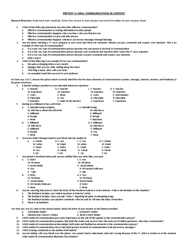 Oral Communication Pretest Questions | PDF | Communication | Human ...