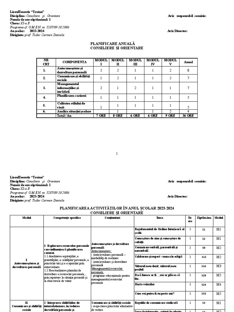 Planificare Dirigentie CL 11 2022-2023 | PDF