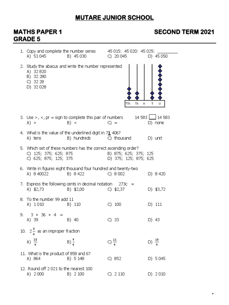 Grade 5 Maths Exam Paper 2021 | PDF
