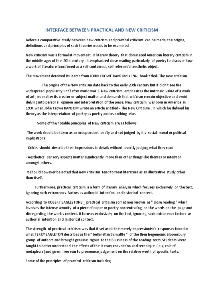 Literary Criticism: New vs. Practical | PDF | Cognition