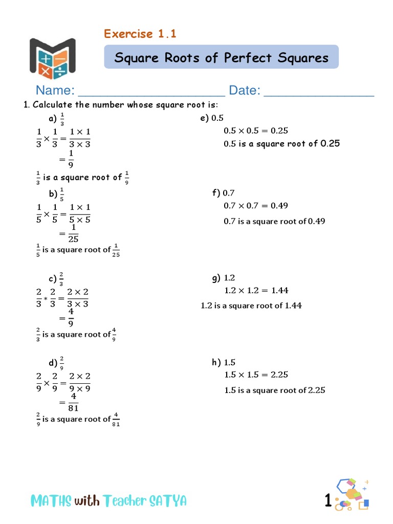 Grade 9 Square Roots Exercises | PDF | Area | Square Root