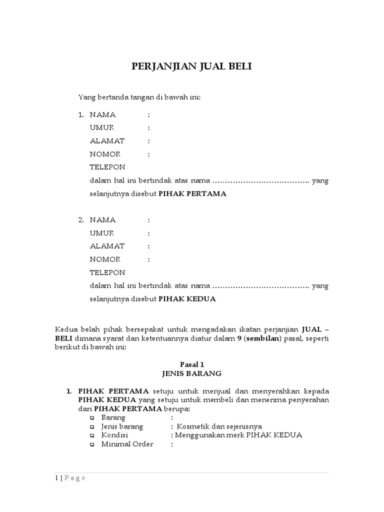 Draft Perjanjian Jual Beli | PDF | Hukum