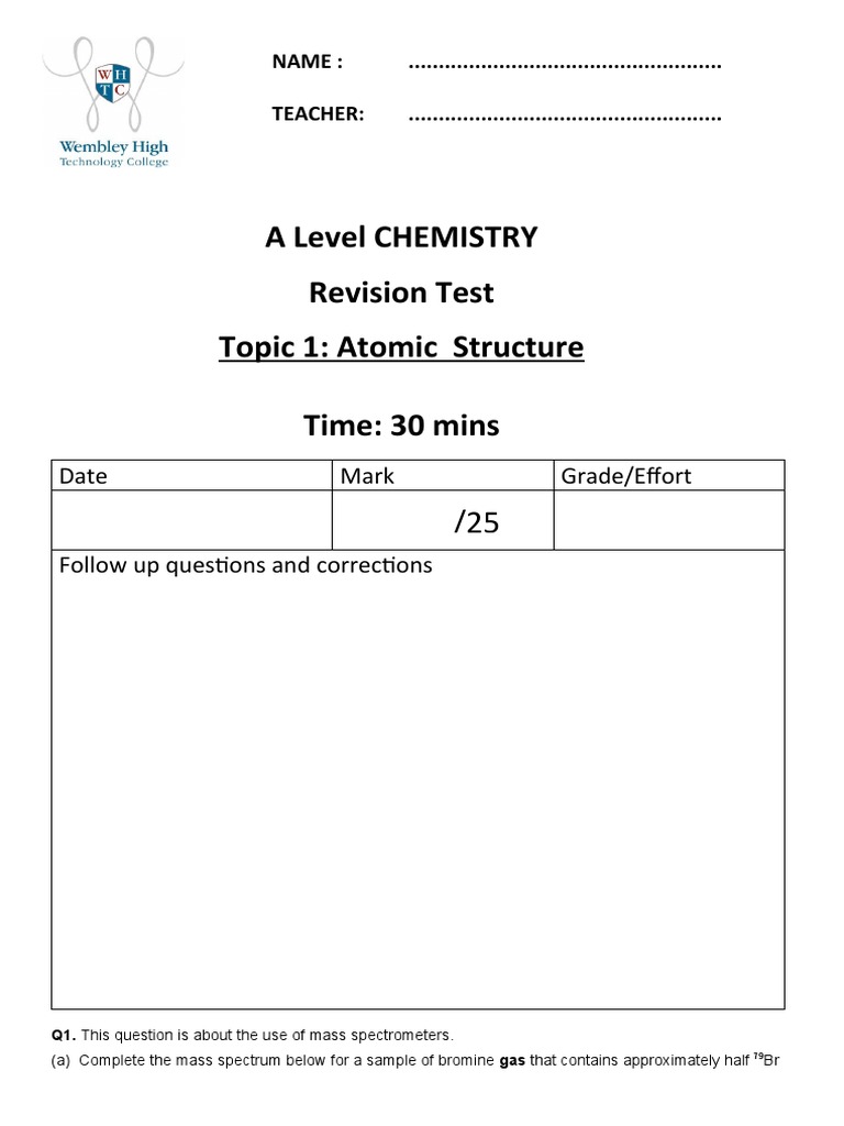 As Level Topic 1 Test | PDF | Ion | Atoms