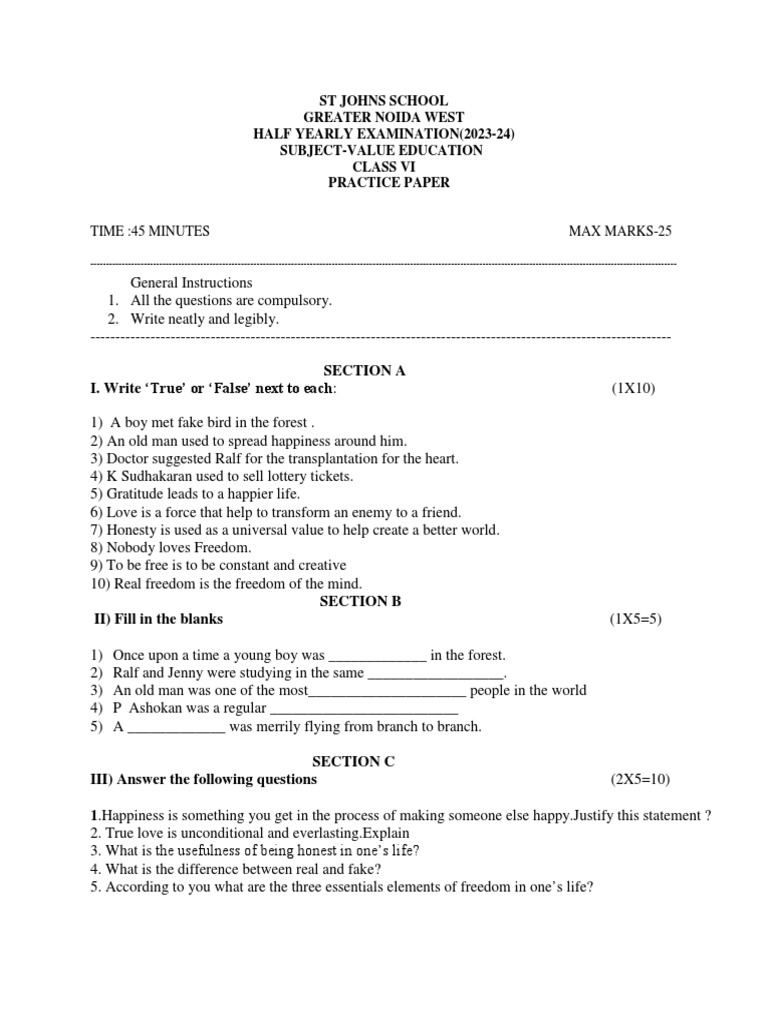 Class 6 Value Education Practice Paper | PDF