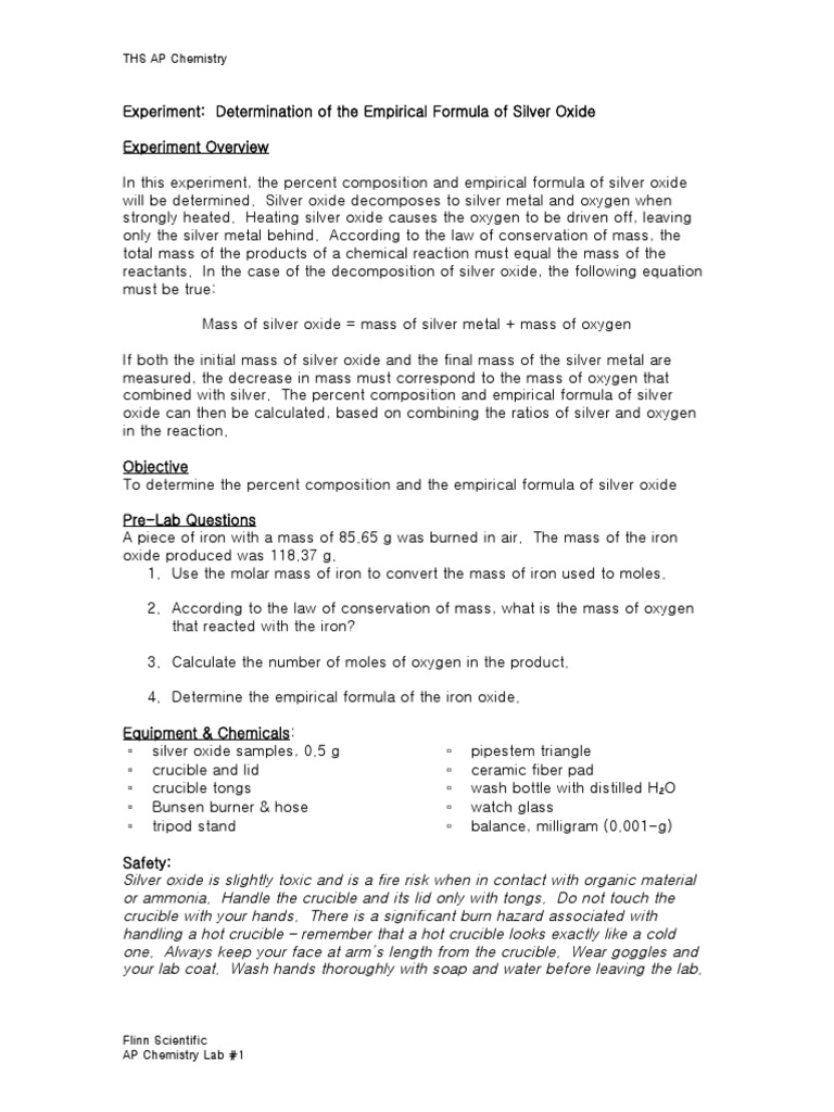 1 Determination of The Empirical Formula of Silver Oxide (Flinn AP Lab ...