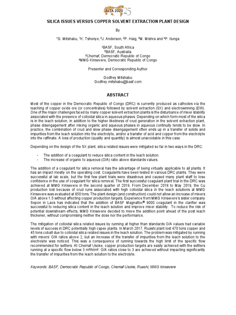 Silica Issues Versus Copper Solvent Extraction Plant Design Abstract | PDF