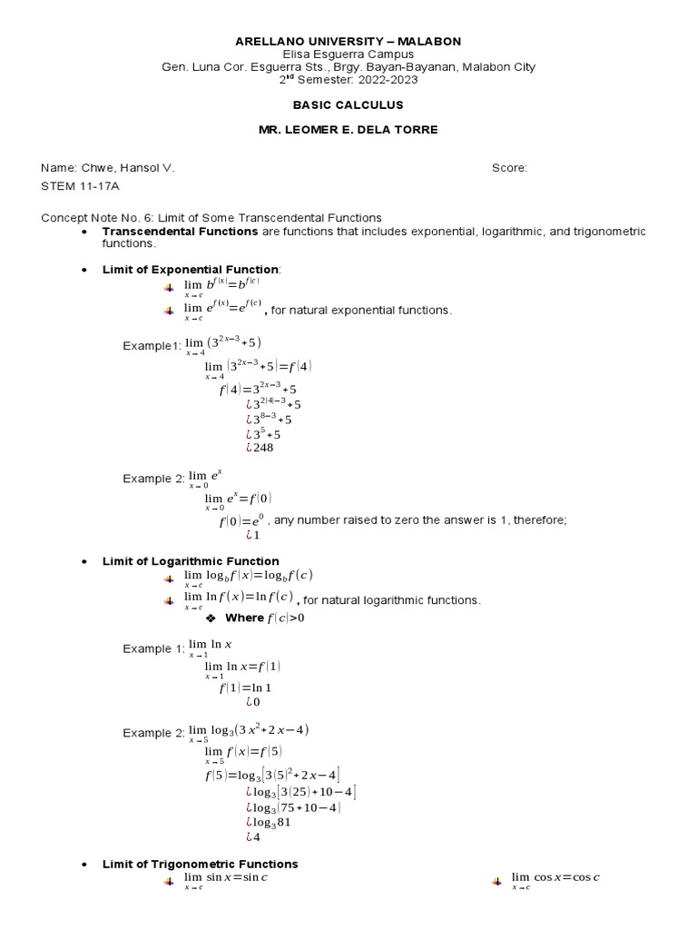 Cn 6 Limits Of Some Transcendental Functions Pdf Logarithm Trigonometric Functions